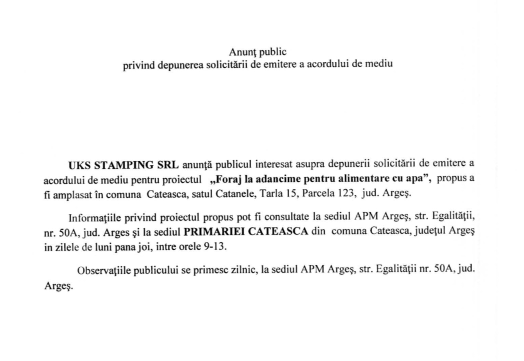 Anunț public privind depunerea solicitării de emitere a acordului de ...